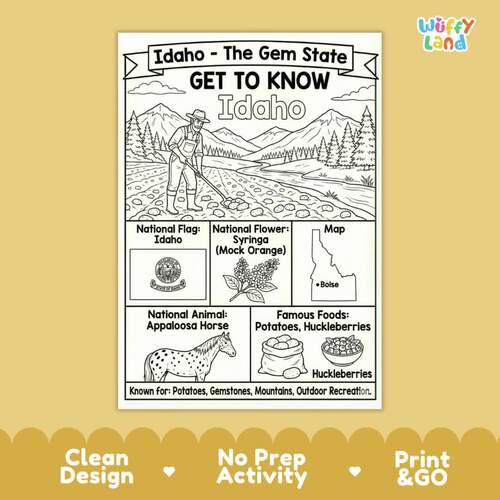 Idaho State Study Geography Coloring Page Poster Activity Worksheet