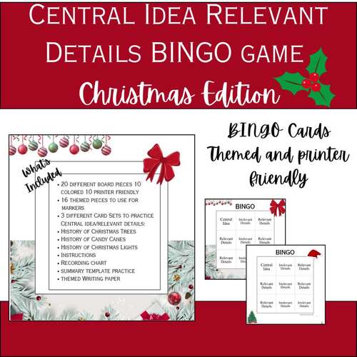 Main Central Idea Bingo Game Activity w/ Summary Practice Christmas