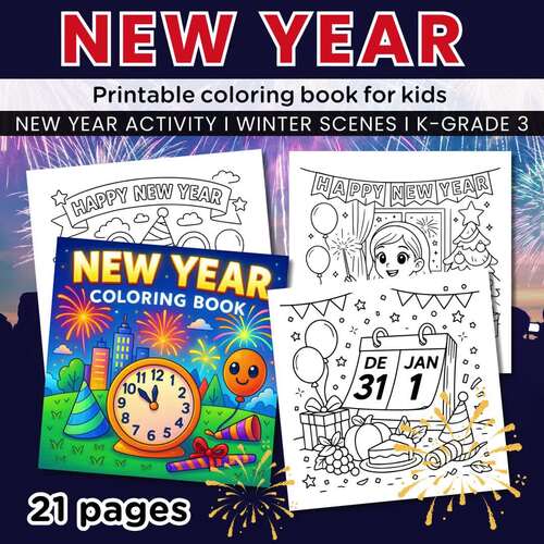 New Year Scene Coloring Pages & Book, Fun Holiday & Winter Celebration ...
