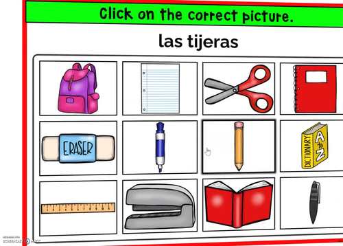 Spanish Classroom Objects Vocabulary - Spanish School Supplies Boom Cards