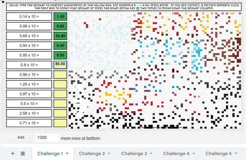 Multiplying Decimals by 10's Pixel Art Math Google Sheets | Editable ...