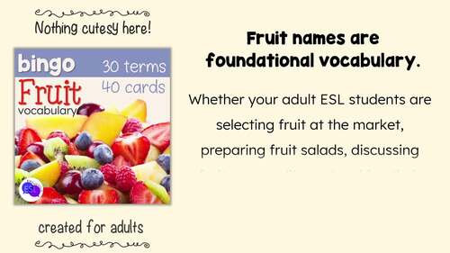 Adult ESL Fruit Vocabulary Bingo | Photo-Based Game for Beginners