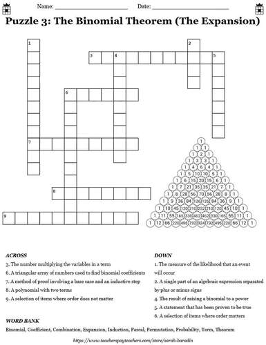 Pre-Calculus Unit 4 Discrete & Conics Math Crossword Puzzle With Word Banks