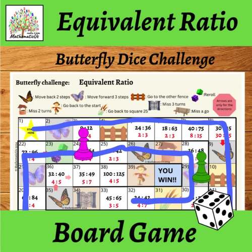 Equivalent Ratio Butterfly Maths Board Dice Game by MathematicUs