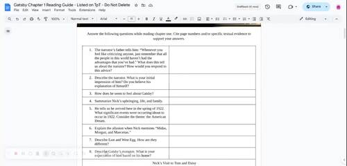 The Great Gatsby (Fitzgerald) Reading Guides for Entire Novel with ...