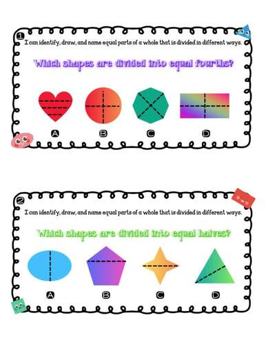 Identify Equal Parts Intro to Fractions Task Cards Spring #aprilue2
