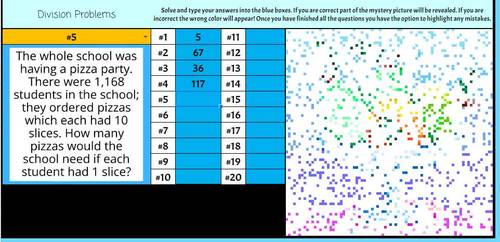 5th Grade Division Word Problems Pixel Art including Interpreting 
