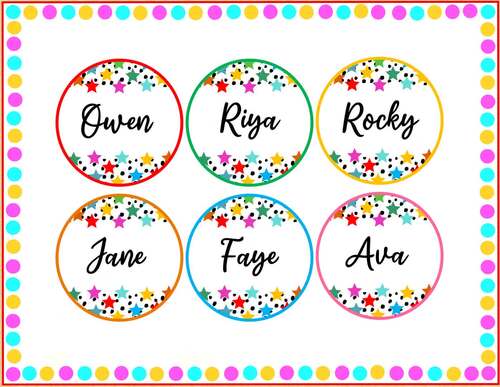 Printable Spotty Bright Stars Student Name Labels, Colorful Stars Cubbies