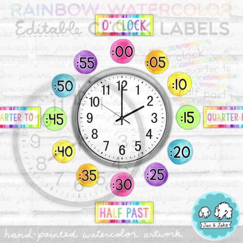Editable Rainbow Watercolor Clock Labels - Telling Time Classroom Decor