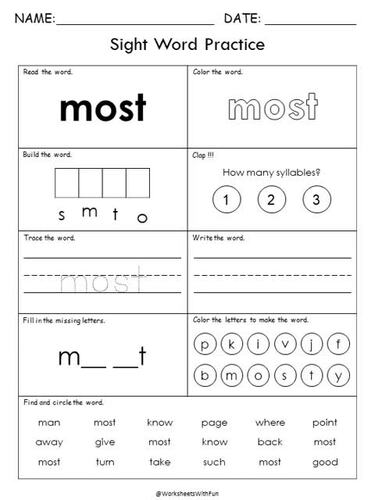 Sight Words Practice, Fry 2nd Hundred Worksheets, Kindergarten, Grade 1 ...