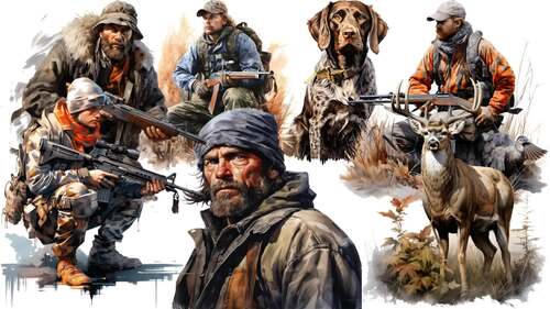 Watercolor Hunters Clipart Set of 20 Files by ArtisticTimberStudio