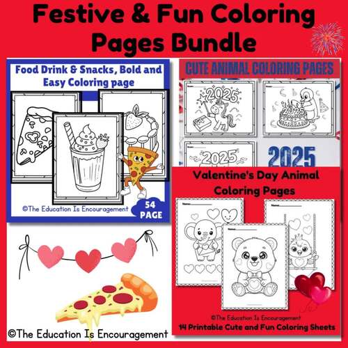 Festive & Fun Coloring Pages Bundle: Valentine’s, New Year, and Food-Themed