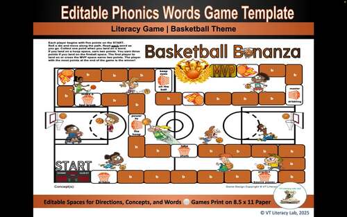 Editable Phonics Word Game Board Template | Literacy Games | Basketball ...
