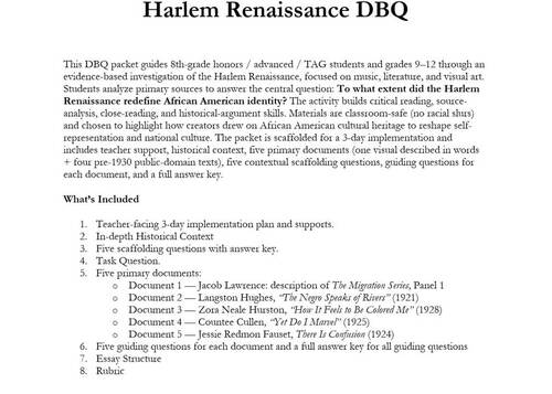 Harlem Renaissance DBQ by PBL History & Civics | TPT
