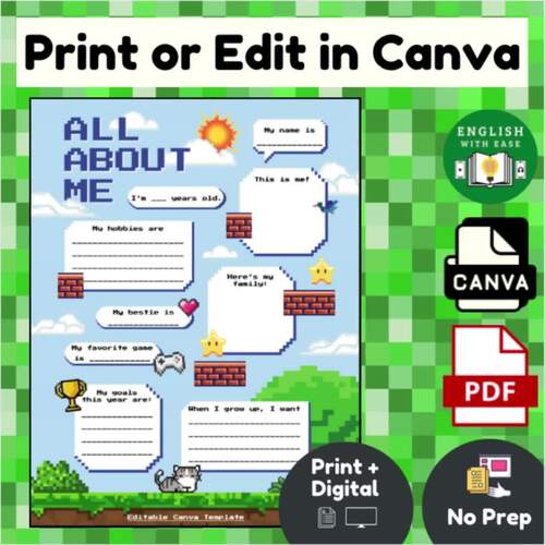 All About Me Worksheet, Minecraft & Video Game Back to School First Day ...