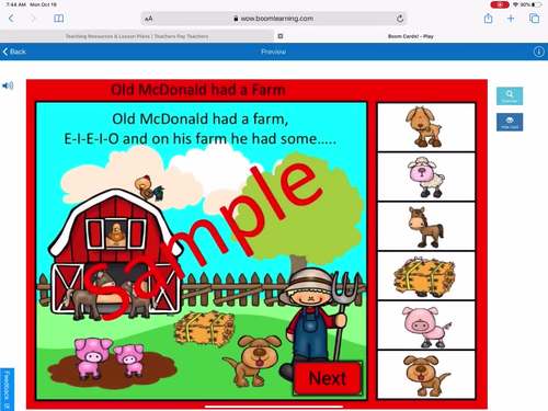 Song Play Old McDonald Had a Farm BOOM Card Deck Speech Language Therapy