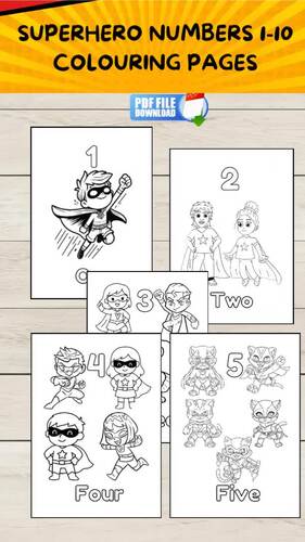 Superhero Numbers 1–10 Coloring Pages, Number Recognition Sheets, Counting,