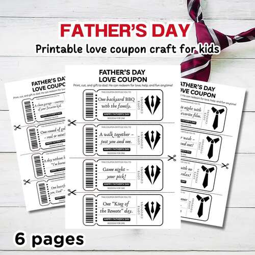 Father’s Day Love Coupons book, Coloring Craft for Kids, DIY Craft Template