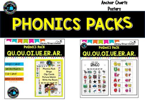 Phonics Bingo, peg cards, write the room,word match,worksheets QU OU OI ...