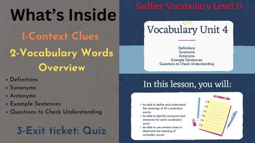 Sadlier Vocabulary Unit 4 (Level D-Grade 9) Powerpoint Presentation (PPT)