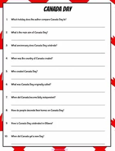 History of Canada Day Reading Comprehension Worksheets by Metacognitive ...