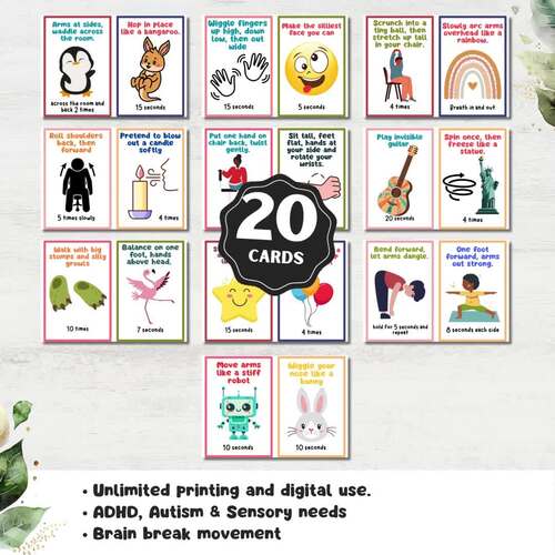 Movement Therapy Cards, Sensory Break Flashcards for Kids, For Autism ...