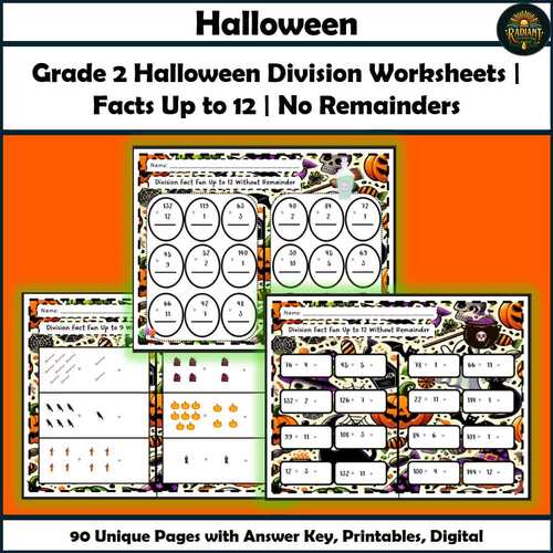 Grade 2 Halloween Division Worksheets | Facts Up to 12 | No Remainders