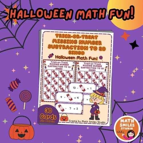 Trick-or-Treat Missing Number Subtraction to 20 Bingo | Halloween Math Game