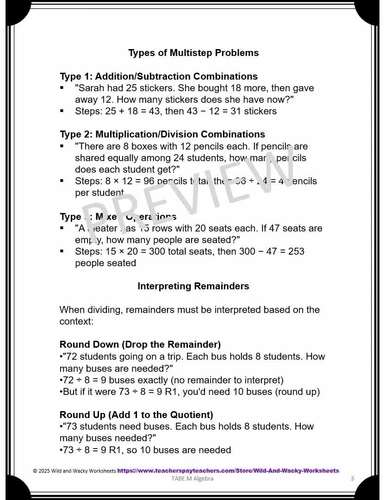 TABE 13/14 Level M Algebra by Wild and Wacky Worksheets | TPT