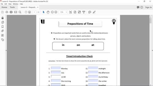 Grammar Lesson English Language Learners: Prepositions of Time | TPT