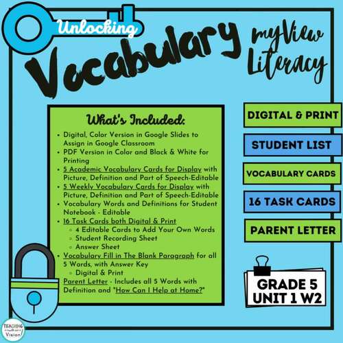 myView Vocabulary Cards & Activities Grade 5 Unit 1 Week 2 with Task Cards