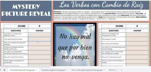 Spanish Stem Changing Verbs Digital Reveal Practice Google With Worksheets
