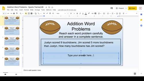 Addition Word Problems Worksheets & Google Slides™ - Sports Themed