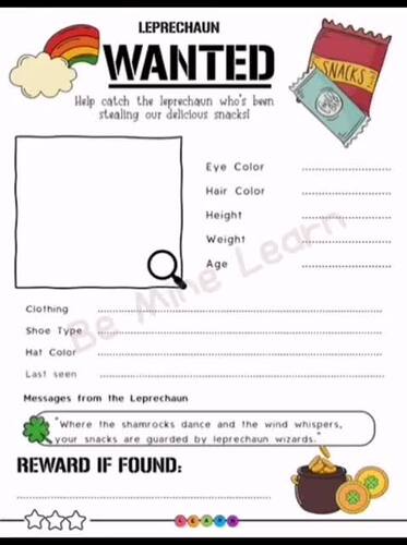 Leprechaun Wanted Worksheets: Missing Classroom Items (St. Patrick's Day)