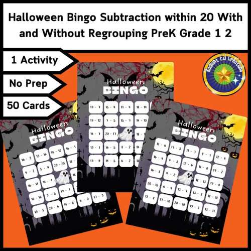 Halloween 20 Subtraction Bingo Math Fact Game Logic Puzzle Regroup ...
