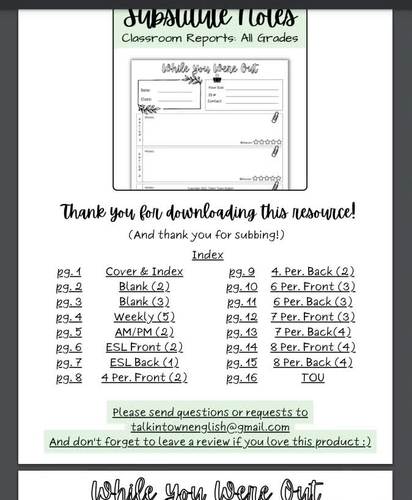Substitute Notes Sub Reports Forms for Teacher Plans Daily and Weekly ...