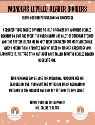 Leveled Readers Dividers by Unit/ Week- Classroom Organization | TPT