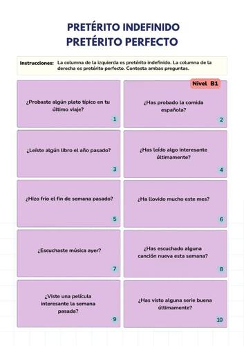 TARJETAS CONVERSACIÓN PRETÉRITO INDEFINIDO PRETÉRITO PERFECTO | TPT