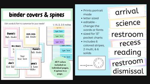 Pastel Stripes Decor: folder covers, binder spines, name tags, pendants ...