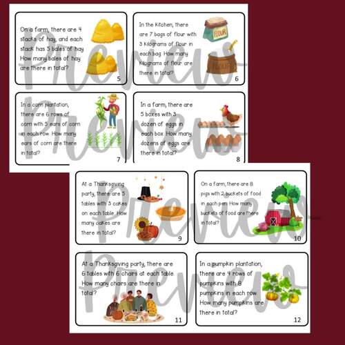 Multiplication Thanksgiving Word Problems Task Cards | TPT