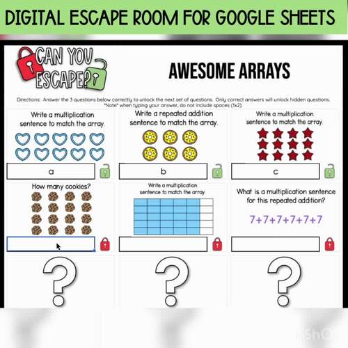 Arrays Worksheets and Repeated Addition Digital Escape Room Bundle 2.OA.4
