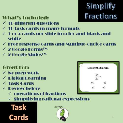 Simplify Fractions Set 1 Task Cards and Google Slides and Forms | TPT