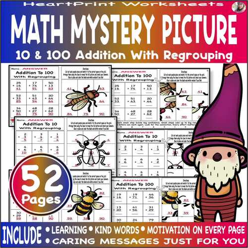 Addition within 10 & 100 with regrouping | Mystery picture math fun for ...