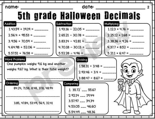 5th Grade Halloween Math Activity | Decimal Assessment Practice Worksheets