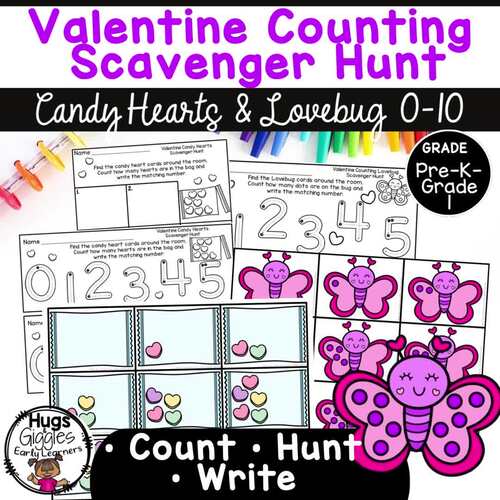 Valentine Counting Scavenger Hunt | Candy Hearts & Lovebug | 0–10