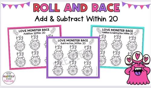 Valentine Roll and Race Math Dice Games - Addition and Subtraction ...