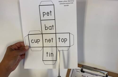CVC words, sight words, geometric shapes, and numbers with dice games