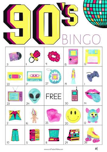 50 90's Bingo Cards (5x5), 90's Theme, 90's Party, 90's Birthday Game