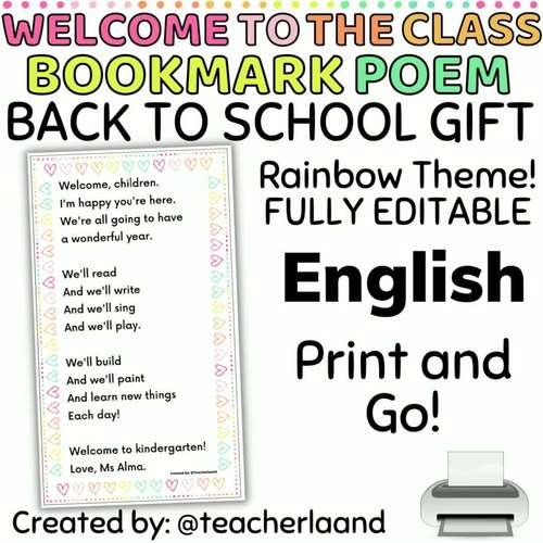 Welcome to the class Bookmark Poem by Teacherlaand by Alma Saltron