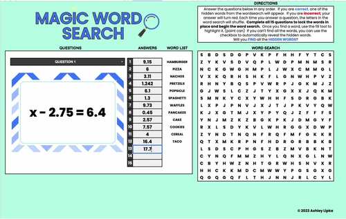 One Step Equations with Decimals Magic Word Search Digital Activity